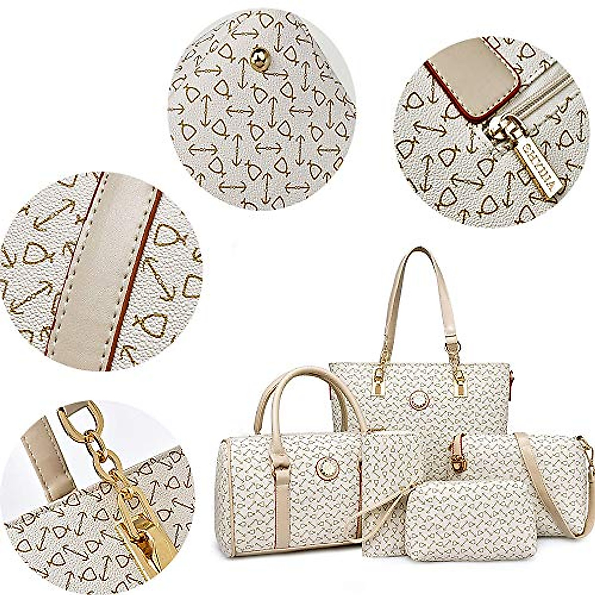 Women Handbags Set 6 PCS Tote Shoulder Crossbody Bags Clutch Top Handle Satchel Purse, Off-white, 1