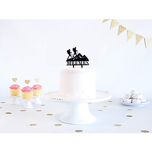 Mountain Wedding Cake Topper, Mr & Mrs Cake Topper, Hiking Theme Wedding Cake Decoration, Black Backpacking Bride and Groom Silhouettes Cake Topper