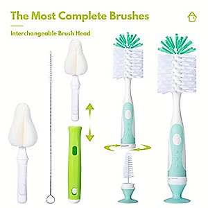 CAREBABYMORE Baby Bottle Brush with One Base Hidden Nylon Nipple Cleaner, 2 Pcs Sponge Nipple Brushes, 2 Pcs Straw Brushes, Bottle Brush with Nipple Cleaner and Suction Cup (Green)
