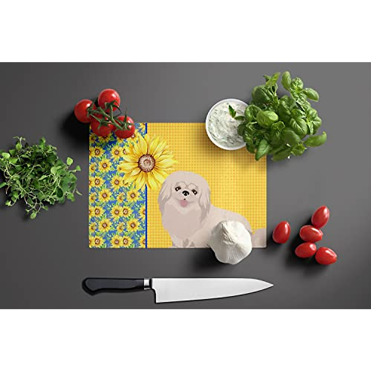 Caroline's Treasures WDK5456LCB Summer Sunflowers White Pekingese Glass Cutting Board Large Decorative Tempered Glass Kitchen Cutting and Serving Board Large Size Chopping Board