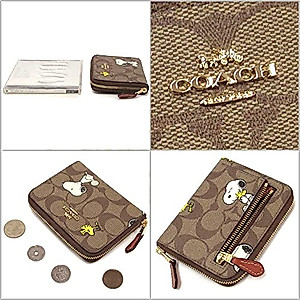 COACH X Peanuts Small Zip Around Wallet In Signature Canvas With Snoopy Woodstock Print Style No. CE704 Khaki