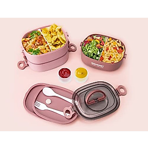 Bento Box Lunch Box, Adult Lunch Container with 3L Large Capacity, Microwave Safe 3 Layers Stackable Lunch Box, Food Container with Dividers and Sauce Boxes for Adults Pink