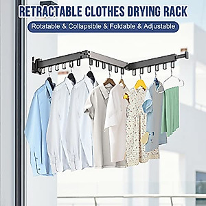 MIFXIN Retractable Clothes Drying Rack Tri-Fold Laundry Wall Mounted Windproof Clothing Drying Rack Hanger Collapsible Space Saver Foldable Clothes Hanger Rack for Laundry Balcony (Black)