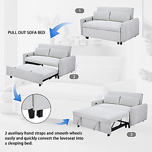 Merax Pull-Out Sofa Bed with Adjustable Backrest and Two Throw Pillows, 2 Seat Loveseat Lounge & Type C and USB Ports, 3 in 1 Convertible Sleeper Couch for Living Room, Light Blue