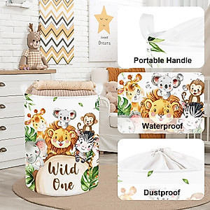 Clastyle 45L Large White Jungle Animals Elephant Kid Laundry Hamper with Handle Collapsible Lion Koala Giraffe Clothes Toy Storage Basket with Lid for Nursery