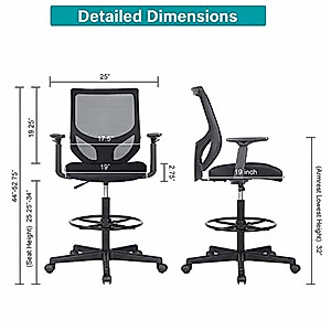Drafting Chair Tall Office Chair, High Office Mesh Chair, Ergonomic Computer Rolling Chair, Standing Desk Stool with Adjustable Armrests and Foot-Ring