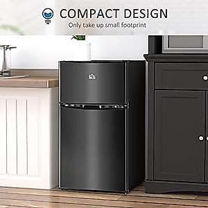 HOMCOM Double Door Mini Fridge with Freezer, 3.2 Cu.Ft Compact Refrigerator with Adjustable Shelf, Adjustable Thermostat and Reversible Door for Bedroom, Dorm, Home Office, Black