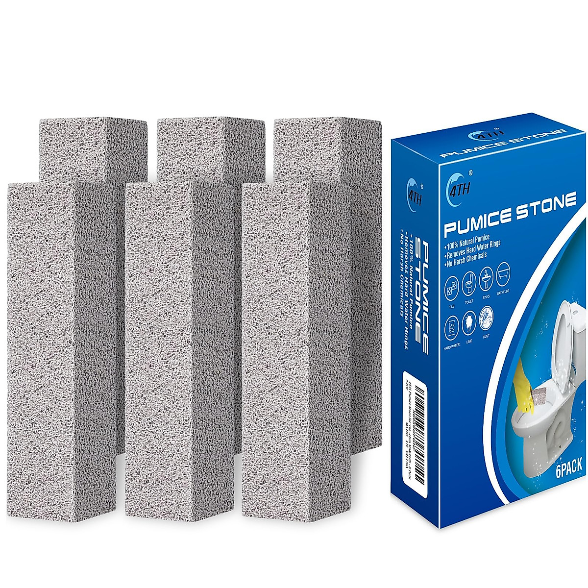 4TH Pumice Stone for Toilet Bowl Cleaning,Scouring Stick Powerfully Clean Away Limescale Stain,Hard Water Ring, Calcium Buildup,Iron&Rust. Remover for Tile/Bath-tub/Kitchen Sink/Grill - 6 Pack