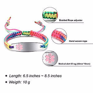 JF.JEWELRY Medical Alert Bracelets for Women, Personalized Custom Medical Bracelets for Women, Nylon Braided Medical ID Bracelets - Rainbow