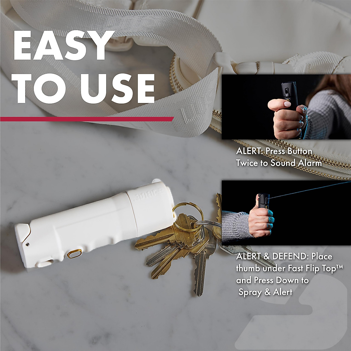 SABRE 2-in-1 Pepper Spray + Personal Alarm, Alert & Defend with One Press or Use Alarm Only, Fast Flip Top Safety with Finger Grip & Tuck-Away Keyring, Maximum Police Strength, UV Marking Dye & 130dB