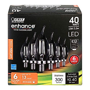 Feit Electric 40-Watt Equivalent CA10 LED Light Bulb, Dimmable Enhance Glass Candelabra Filament, 300 Lumens, 13 Yrs. Lifetime, 2700K Soft White, 6-Pack - CFC40/927CA/FIL/6
