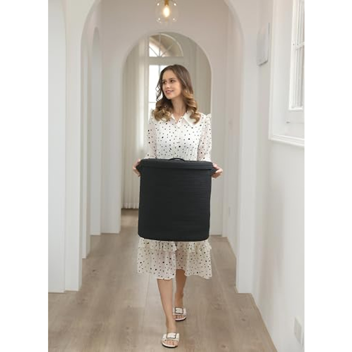 16" x 16" x 18" Extra Large Storage Basket with Lid, Cotton Rope Storage Baskets, Laundry Hamper, Cloth Bin, for Clothes Towels Blankets Pillows Storage in Living Room, All Black Basket with Cover