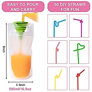 100 Pcs Drink Pouches for Adults, Reusable Drink Pouches with Straws Funnel, Hand-held Juice Pouches for Adults Smoothie Pouches for Birthday, Cool Summer Party