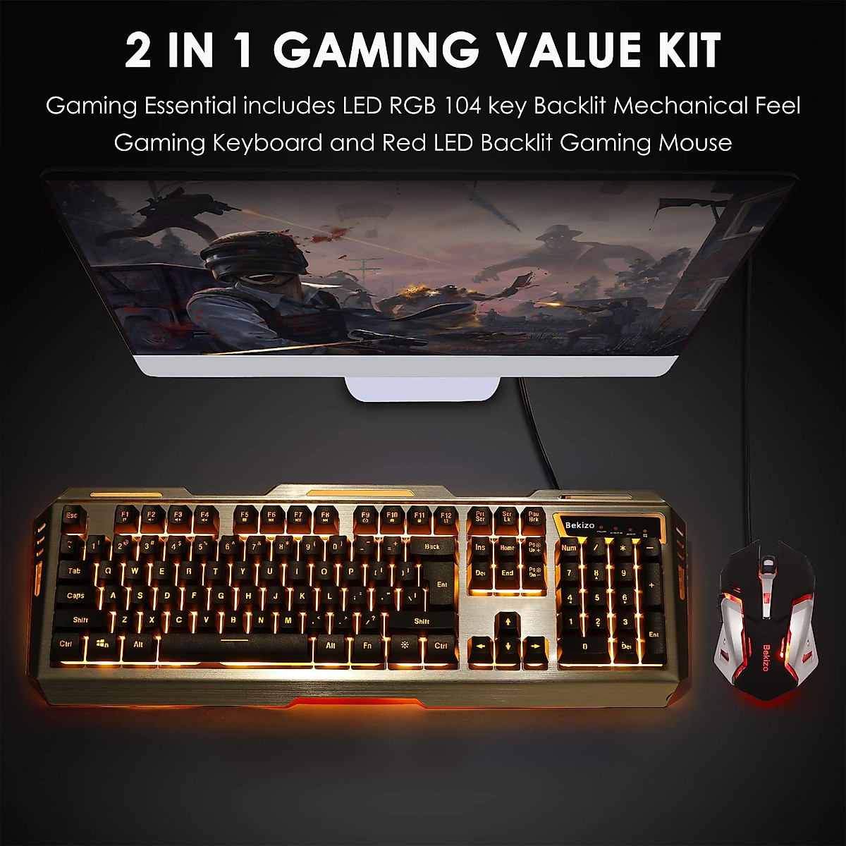 White Gaming Keyboard Mouse Combo,Membrane Keyboard RGB Color Changing Lighted Keyboard,PC Keyboard Computer Backlight USB Keyboard,Wired Gaming Keyboard,Gold Metal Frame,for Xbox One PS4 Game Gamer