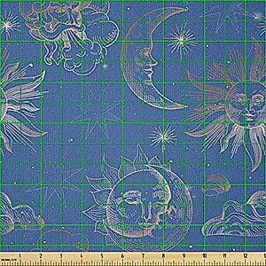 Ambesonne Magic Moon Fabric by The Yard, Celestial Sun and Moon Night Sky Occult Mystic Depiction, Stretch Knit Fabric for Clothing Sewing and Arts Crafts, 1 Yard, Blue