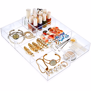 Juexica 2 Pcs Desk Drawer Organizer 3 Section Clear Acrylic Makeup Drawer Organizer Tray with Divided Inserts Trays Sectioned Organizer Bins Tray Drawers Storage for Bathroom Kitchen Office