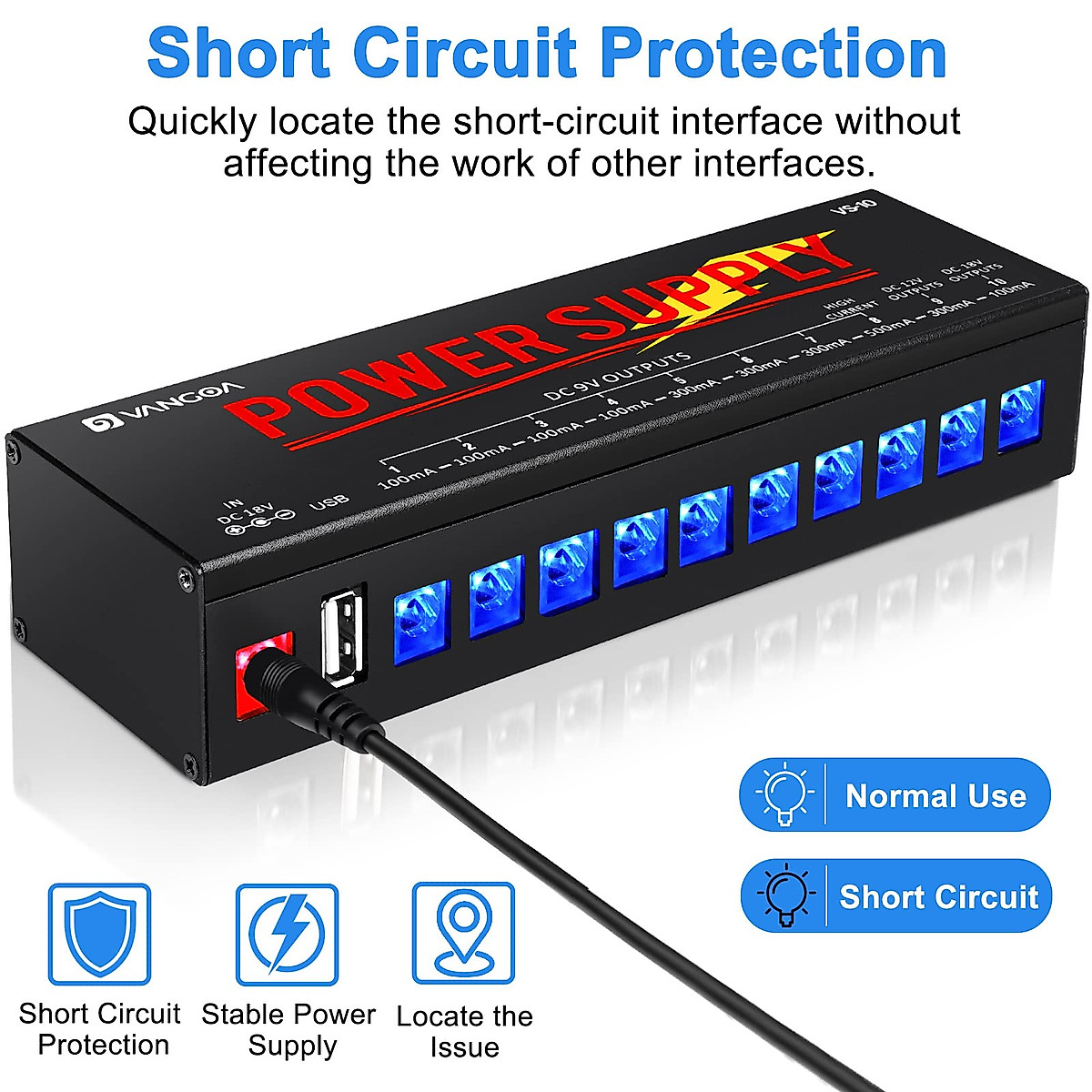 Vangoa Guitar Pedal Power Supply 10 Truly Isolated Outputs, Portable Pedal Board Power Supply with USB for 9V/12V/18V Effect Pedal Power Supply