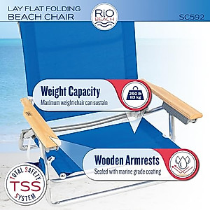 Rio Beach Classic 5-Position Lay-Flat Folding Chair, Outdoor Pool and Beach Chair with Carrying Strap and Towel Bar, Blue