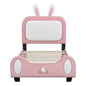 Harper & Bright Designs Kids Twin Upholstered Princess Bed with Rabbit-Shaped Headboard, Cute Twin Size Platform Bed Frame, No Box Spring Needed (White+Pink)