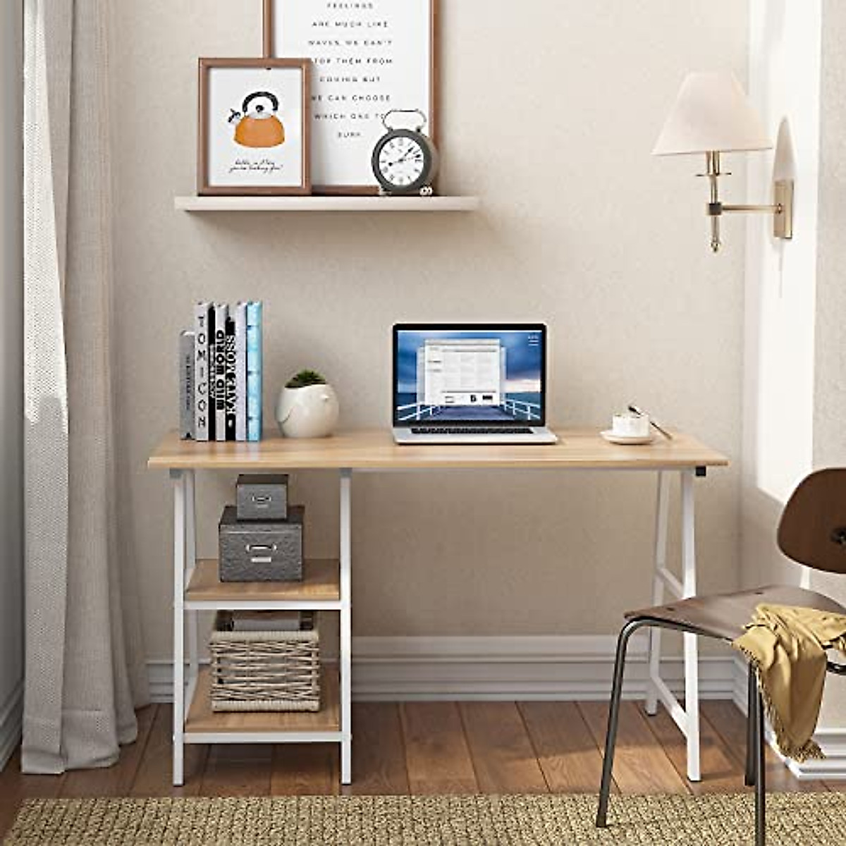 SogesHome Computer Desk 47inches Trestle Desk PC Desk with Shelf Office Desk Workstation for Home Office Use Writing Table, Oak, Tplus-120OK-SH