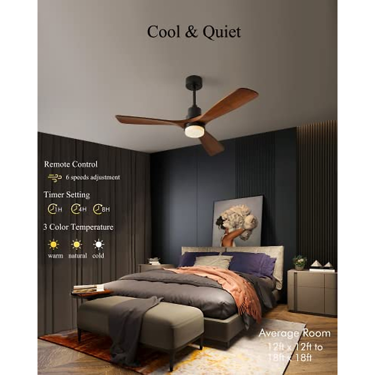 Chriari Ceiling Fans with Lights, 3 Wood Fan Blades, 52" Black Modern Ceiling Fan with Remote Control, Noiseless Reversible DC Motor for Bedroom/Living Room/Study/Patio