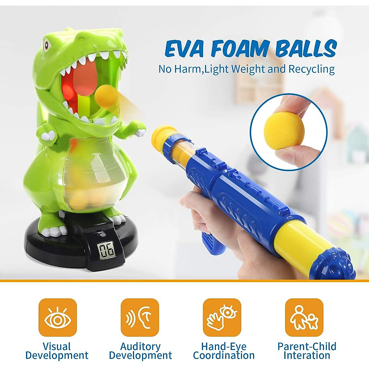 TFSeven Dinosaur Shooting Toys for Kids, Target Shooting Battle Games with LCD Score Record and 2 Air Pump Guns and 24 Soft Foam Bullets Interactive Target Practice Toys Gift for Boys and Girls