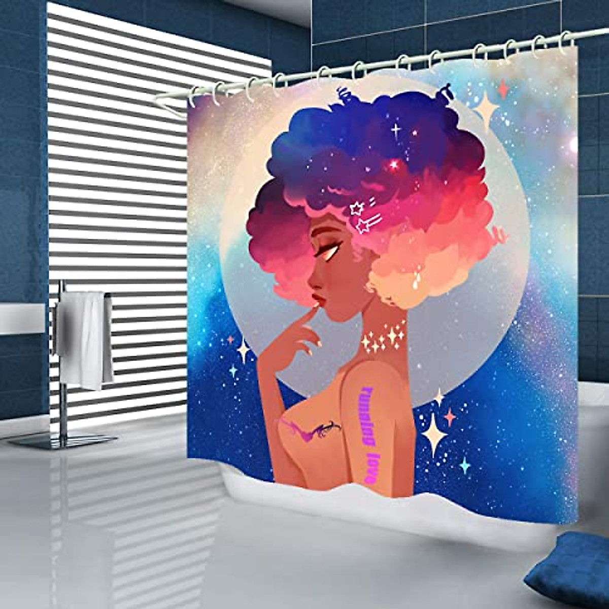 Traditional African American Woman Shower Curtain Sets, 4PCS Set for BathroomSets Decor-1 HD Pattern Printing Shower Curtain & 3 Non-Slip Toilet Rugs and Lid Cover (Violet)