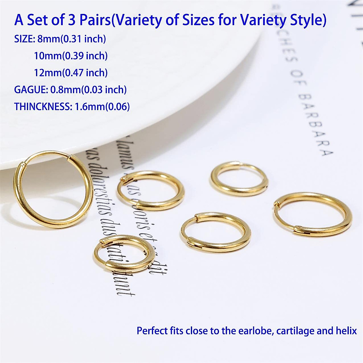 Sweetkiki Small Gold Hoop Earrings Set: 3 Pairs Cartilage Hoop Earring 316L Surgical Steel Tiny Endless Hoop Earrings Helix Earring for Women (Endless Hoops-14K Gold- 8mm 10mm 12mm)