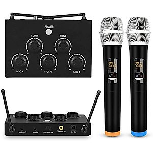 Portable Karaoke Microphone Mixer System Set with Dual UHF Wireless Mic, 3.5mm AUX/Optical/Coaxial in Singing Receiver for KTV, Amplifier, Speaker