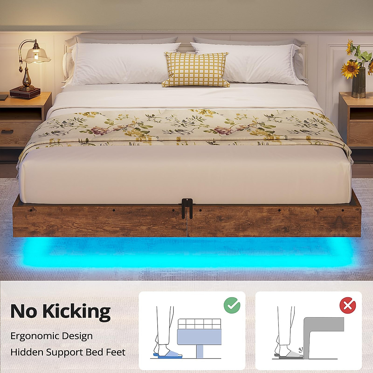 BTHFST Floating Bed Frame Full Size with LED Lights, Industrial Wooden Metal Full Platform Bed, Solid and Stable, Noise Free, No Box Spring Needed, Easy Assembly