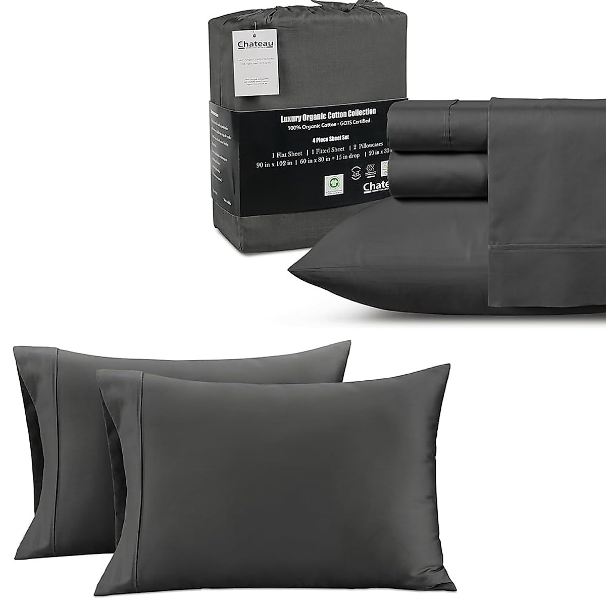 100% Organic Cotton Twin Sheet Set & Standard Pillowcases Set of 2 Combo- 300 Thread Count Long Staple Cotton Sheets,3 Pc Twin Size Sheets & Standard Pillowcases, Sateen Sheets, Breathable - Charcoal