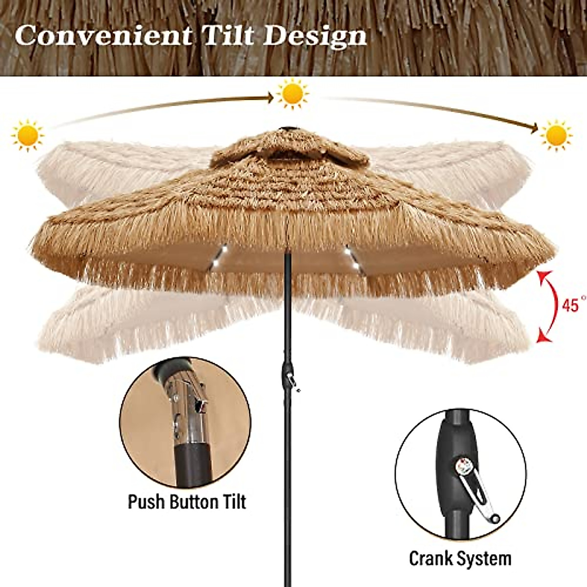 GDY 9 FT 32 LED Hula Thatched Tiki Umbrella, Hawaiian Style Beach Patio Umbrellas with Center Light for Patio Garden Beach Pool Backyard
