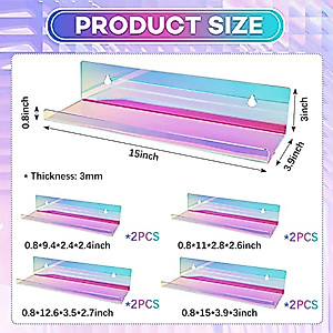 8 Pcs Rainbow Iridescent Acrylic Floating Shelves 4 Sizes Holographic Wall Mounted Kids Shelves Nail Polish Rack Acrylic Bathroom Shelf Rainbow Wall Shelf Book Display Shelves for Bedroom Living Room