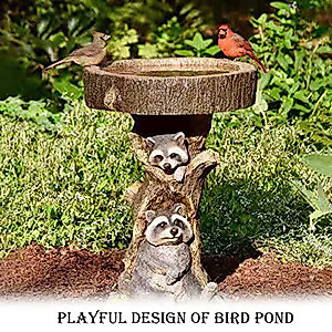 Naisicore Birdbath, 21cm/8.3inch Resin Raccoon Woode Stake Bird Feeder Statues, Standing Animal Bird Bath Tray, Garden Landscape Decorative Ornament for Patio Yard Lawn Decoration