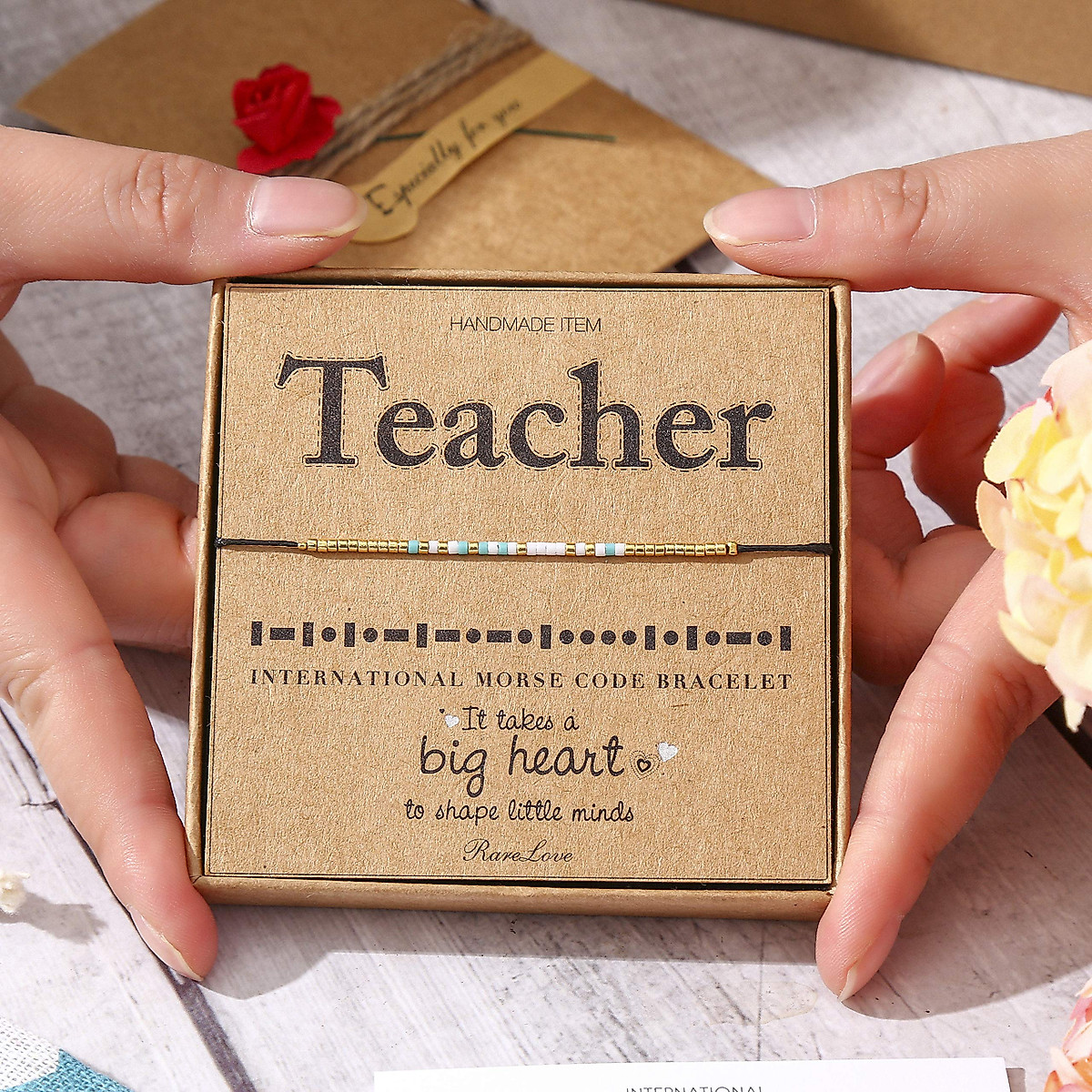 RareLove Teacher Gifts Morse Code Beaded Bracelet Appreciation Gift for Women Waterproof Secret Message Birthday Gifts for Teachers from Student Gold Blue White Tiny Pony Seed Beads Black String