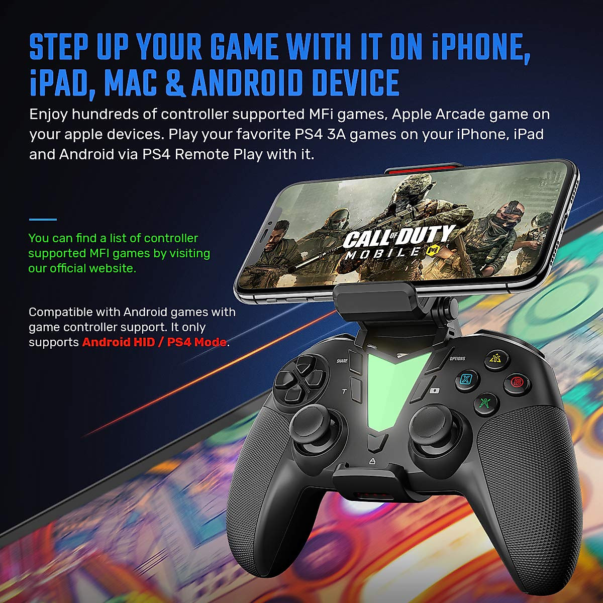 IFYOO Mobile Game Controller Compatible with iPhone iPad(Ver.13 or Later, Only for MFi Games) / Android Smart Phone(Just for Ver.10) / PS4, ONE Pro Wireless Gaming Gamepad Joystick - Black
