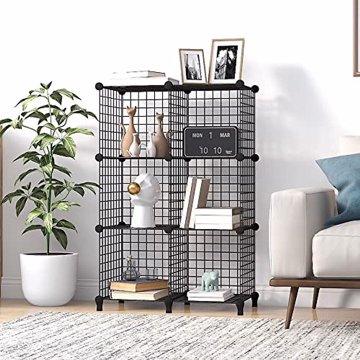 Wolizom Wire Cube Storage, 6-Cube Black Metal Grids Shelves Bookshelf, Stackable Modular Shelving Organizer, DIY Closet Bookcase Bookshelf, Grid Storage Shelf for Bedroom, Living Room, Office