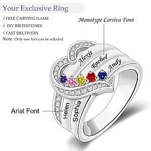 MissNaNa Personalized Mothers Rings with Simulated Birthstones Engraved 1-8 Family Names Mother's Day Rings Custom Love Heart Family Rings for Women (5 birthstone)