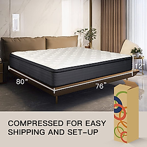 AICEHOME King Mattress, 12 Inch Individual Pocket Springs with Gel Memory Foam, Medium Firm Mattresses in a Box, Hybrid King Size Mattress with Pressure Relief 80" L x 76" W x 12" T
