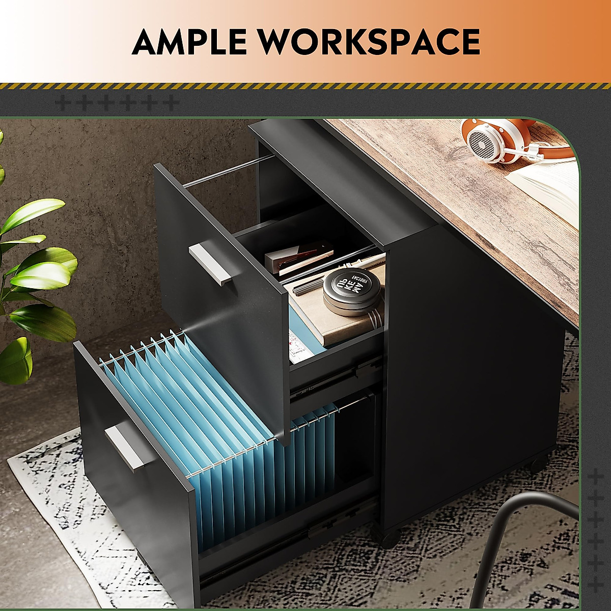 DEVAISE 2 Drawer File Cabinet, Mobile Printer Stand, Wood Filing Cabinet fits A4 or Letter Size for Home Office, Black