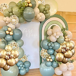 Sage Green Blue Balloons Garland kit, 138pcs Dusty Blue Sand White and Gold Balloons for Boys Baby Shower Wedding Birthday Jungle Safari Woodland Wild One Party Decorations………