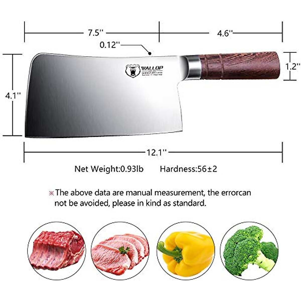 WALLOP Bone Chopper - 7.5 inch Meat Cleaver Knife Bone Chopping Knife Chinese Chef Knife Butcher Knife, German Stainless Steel Ergonomic Wenge Wood Handle for Home Kitchen or Restaurant