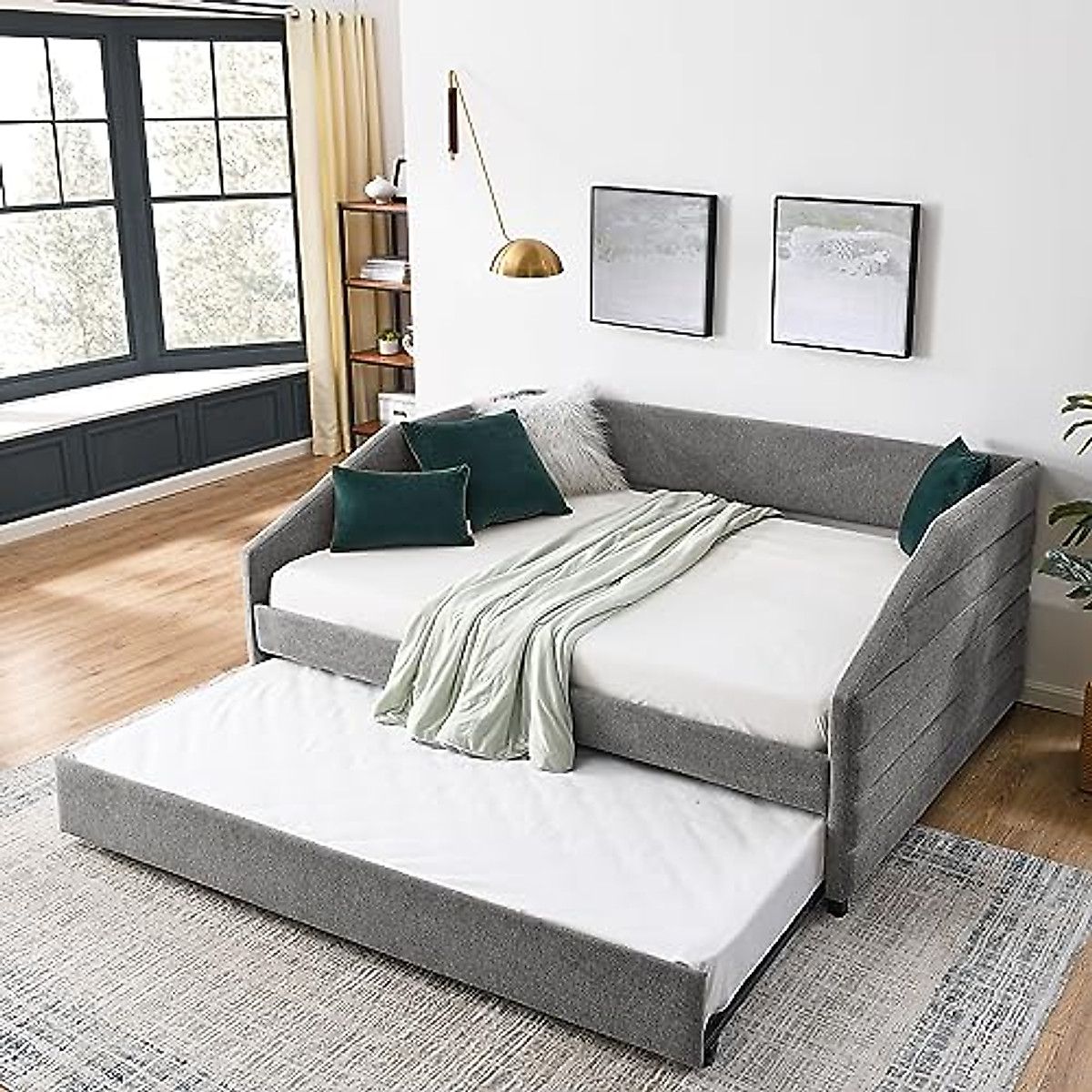 Eafurn Upholstered Daybed with Twin Size Trundle Bed and Wooden Slatted, Modern Linen Upholstered Full Size Day Bed Tufted SofaDaybed Frame and A Trundle, No Box Spring Needed, Furniture for Bedroom