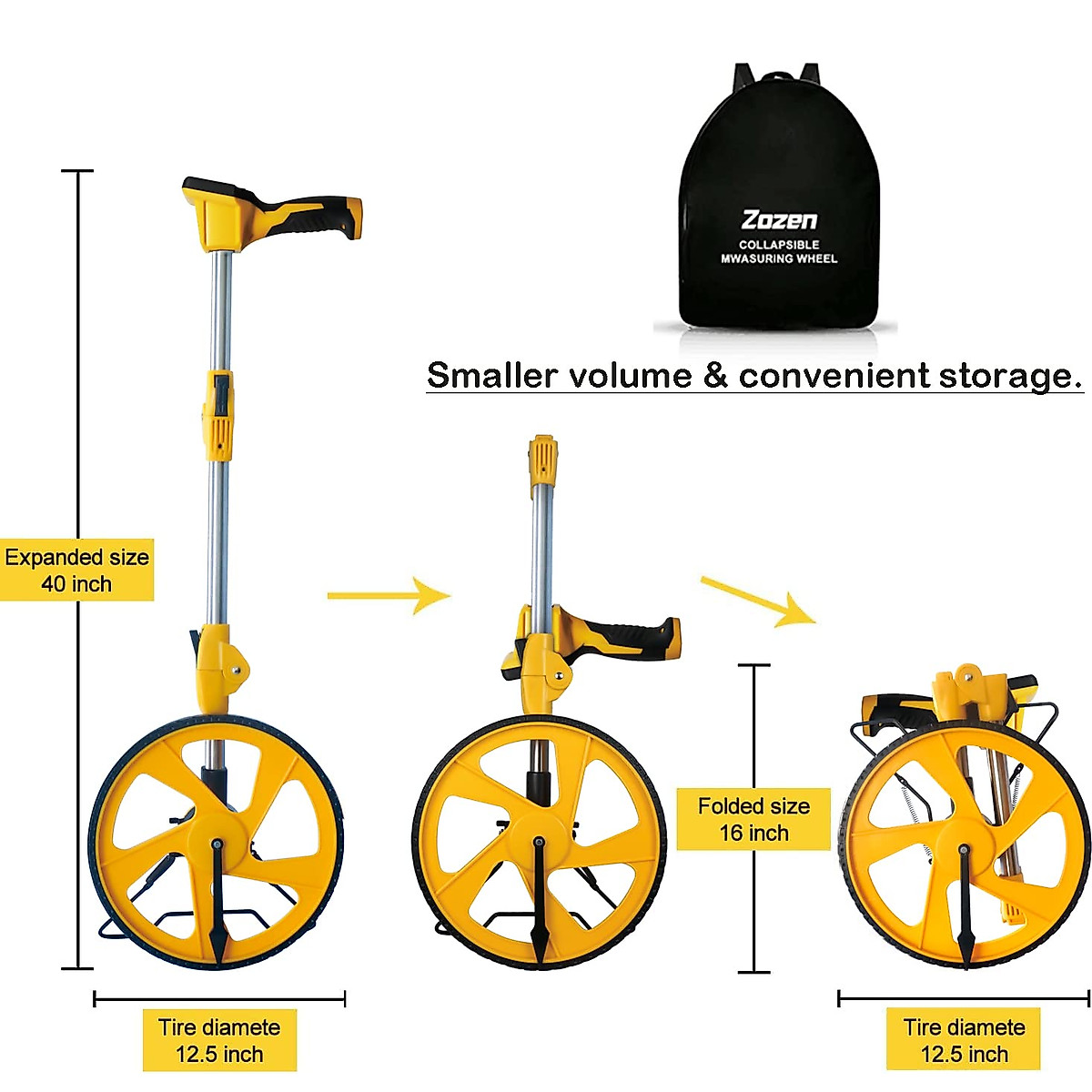Zozen Measuring Wheel Digital Display, 3-Sections Foldable 12Inch Wheel, Imperial/Metric Measure Wheel with Backlit Display | Up to 99,999Ft/ 99,999M | Portable - with Cloth Backpack.