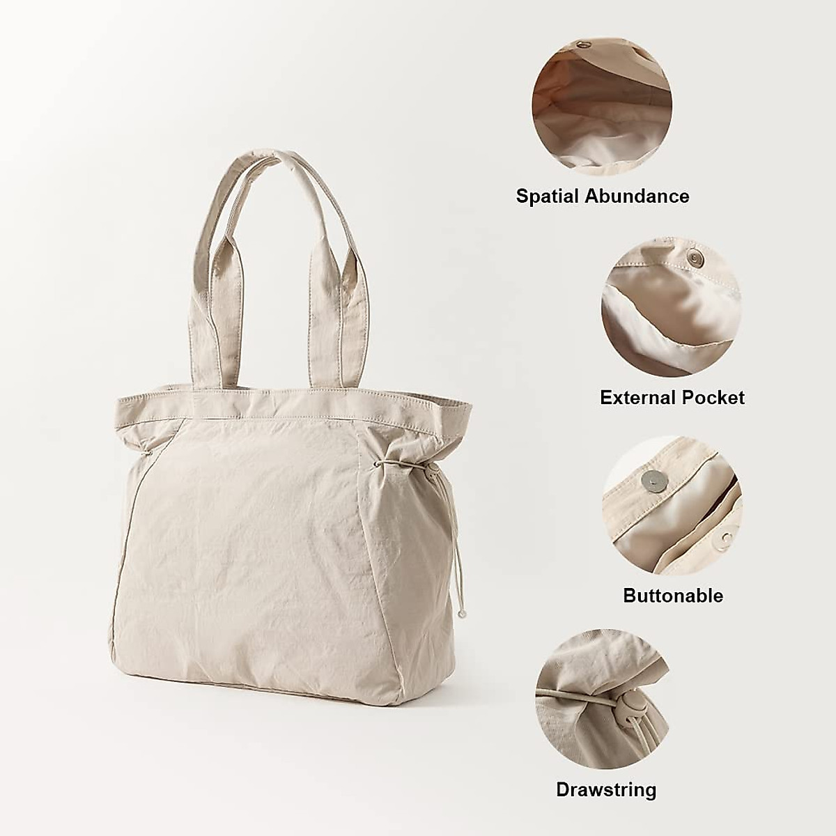 VAKAER Tote Bag for Women, 18L Side Cinch Shopper Handbag, Large Hobo Handbag, Lightweight Shoulder Bags for Work, Gym, Workout, Travel (Beige)