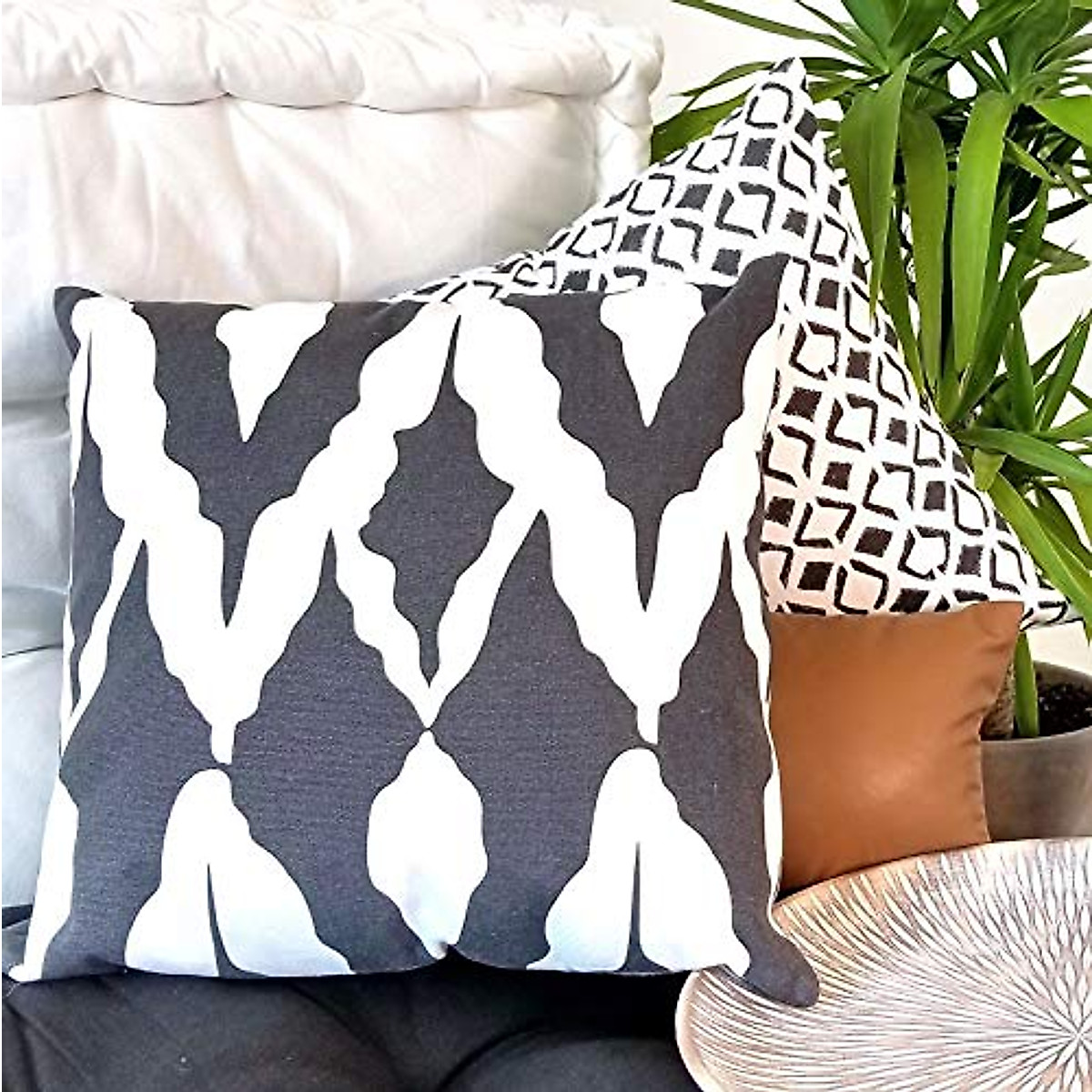Throw Pillow Covers 18x18. Black and White Geometric Decorative Boho Throw Pillows Set of 4, For A Modern Living-Room Chic Accent. 100% Cotton & Faux Leather Lumbar Pillow For Couch or Bed…