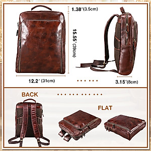 Banuce Vintage Full Grain Italian Leather Backpack for Men Travel Laptop Backpack Work Bag with Luggage Strap Brown