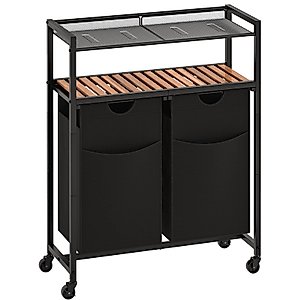YATINEY Laundry Hamper with Wheels, Laundry Sorter 2 Section, Rolling Laundry Basket, 2 Pull-Out and Removable Laundry Bags, for Laundry Room, Badroom, Rustic Brown LS22BR