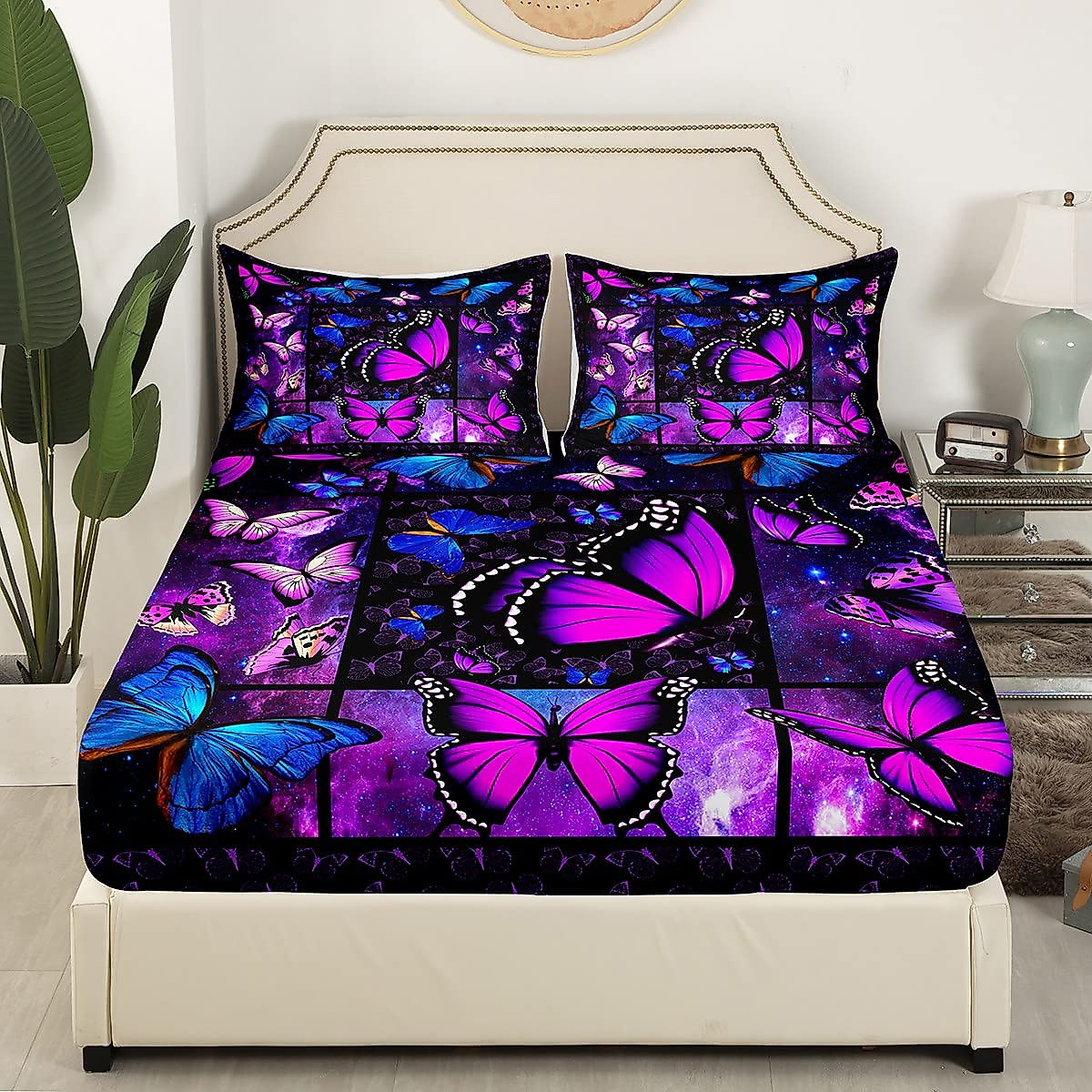Purple Butterfly Bed Sheets Deep Pocket Queen,Mystic Galaxy Bed Sheet Set Blue Butterfly Bedding Sets For Kids Girls Teens Women,Psychedelic Starry Sky Fitted Sheet Aesthetics Flat Sheet 4 Pcs