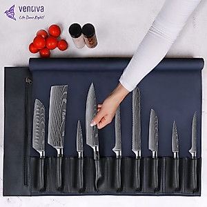 Ventiva - Black Leather Knife Roll Storage Bag, 9 Pockets w/ Large Utility Pocket, Adjustable/Detachable Shoulder Strap, Travel-Friendly and Durable